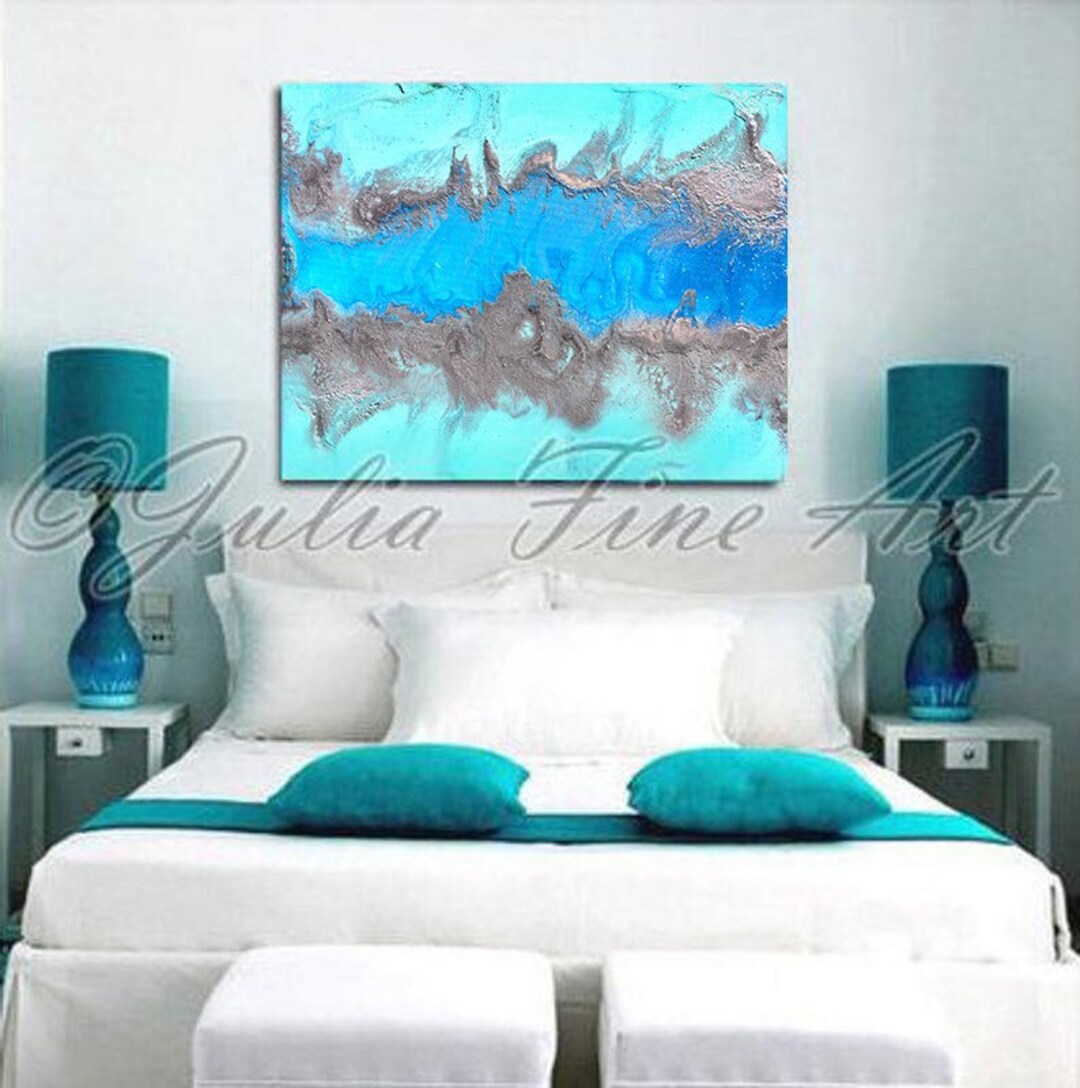 Turquoise Abstract, Blue Painting, Large Canvas, Blue Silver Art, Aqua ...
