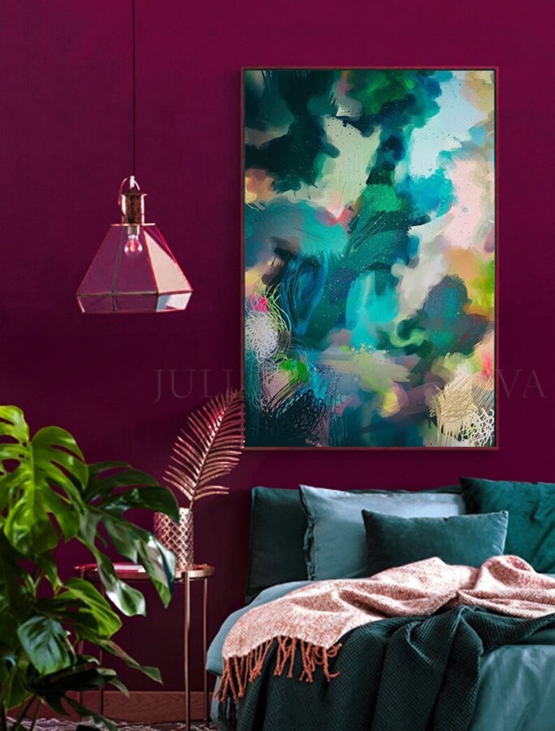 Art Print, Abstract Painting, Teal Print, Large Canvas Art, Botanical ...