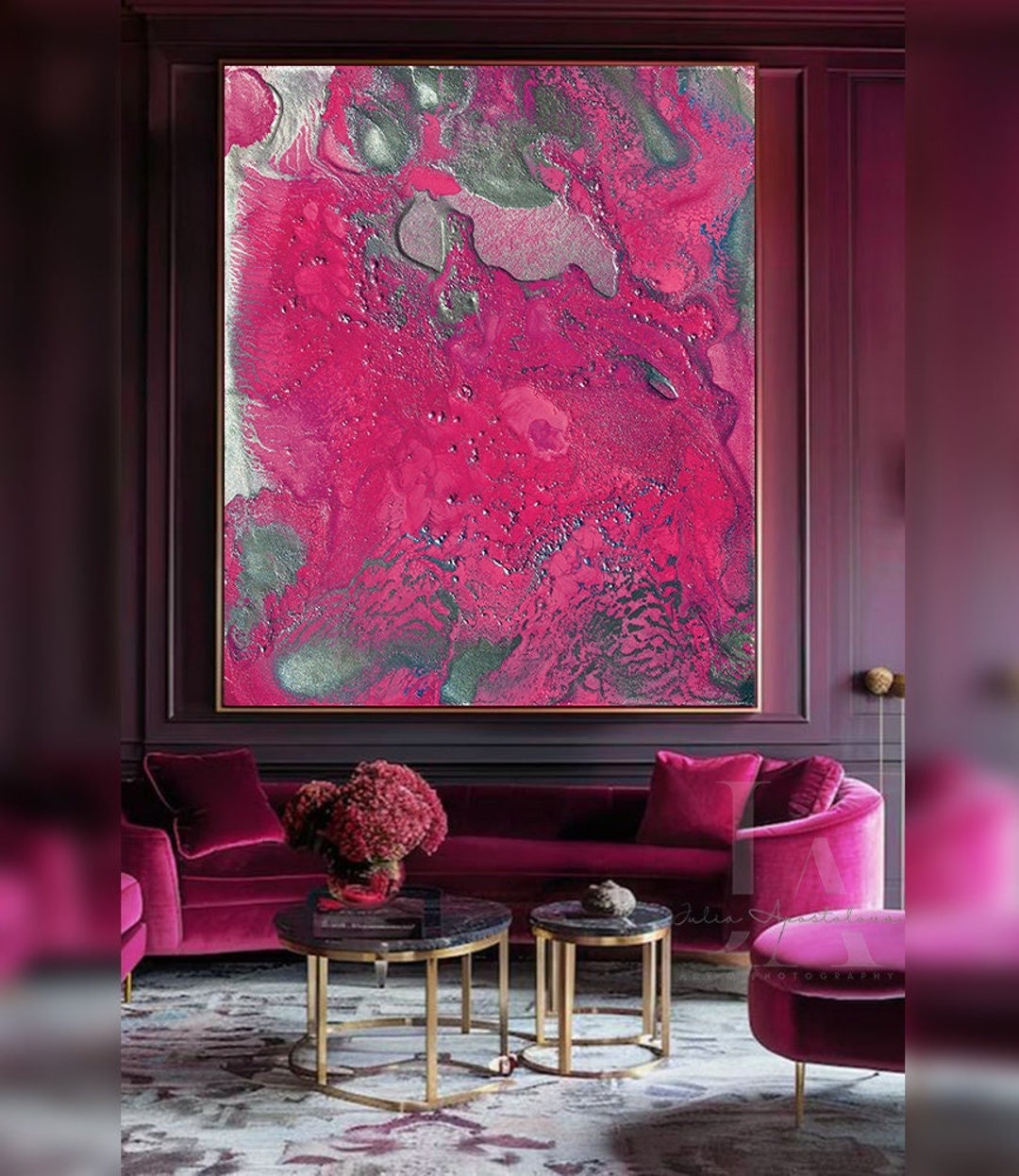 Pink Abstract Art Painting, Wall Canvas Print, Pink Silver Wall Art ...