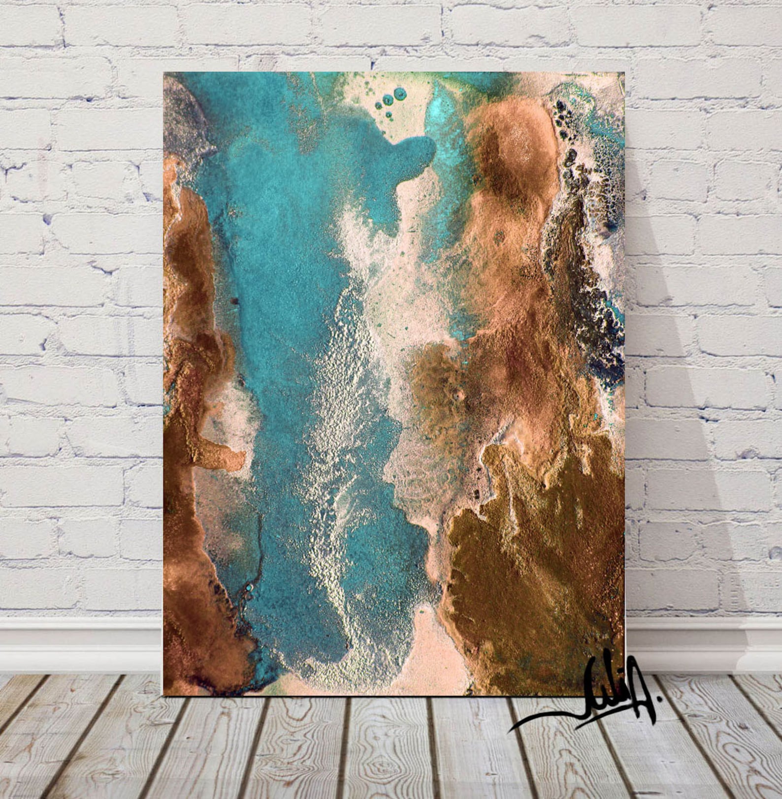 Turquoise and Copper Watercolor Print Abstract Painting - Etsy