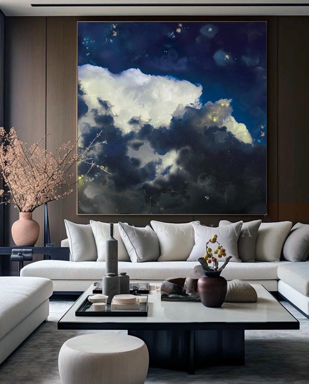 50'' Navy Blue Wall Art Cloud Painting Large Cloud Art Abstract ...