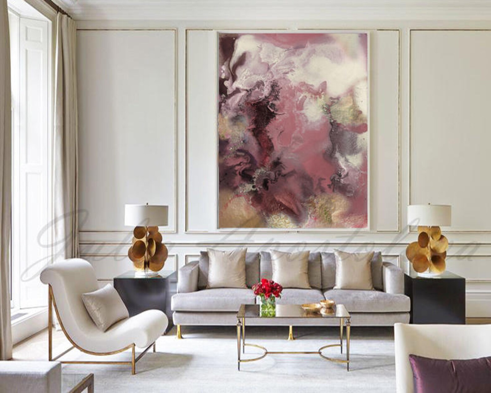 Large Watercolor Painting, Abstract Landscape, Huge Wall Art, Pink and ...
