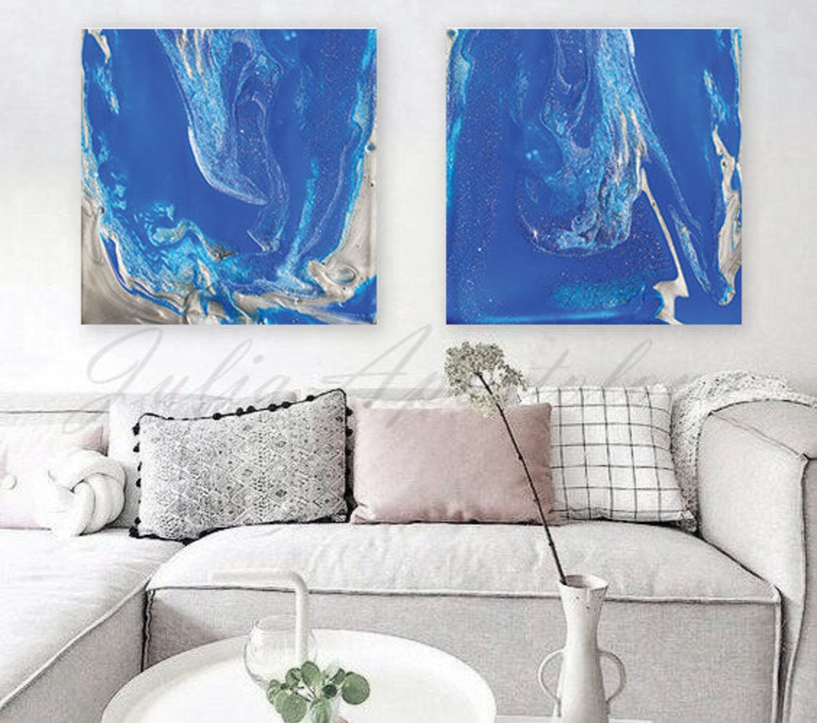 90'' Blue Silver Wall Art Set of 2 Prints | Etsy