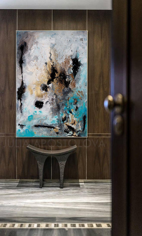 Rectangle Wall Art Gray Black Gold Teal Large Abstract | Etsy