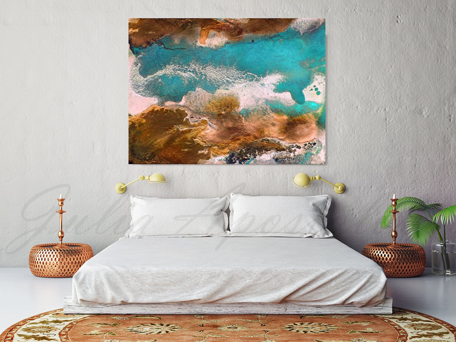 Turquoise and Copper Watercolor Print Abstract Painting - Etsy