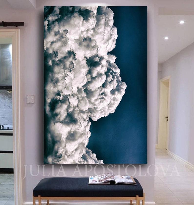 Extra Large Cloud Art, Blue Wall Art, Cloud Painting, Navy Blue and ...