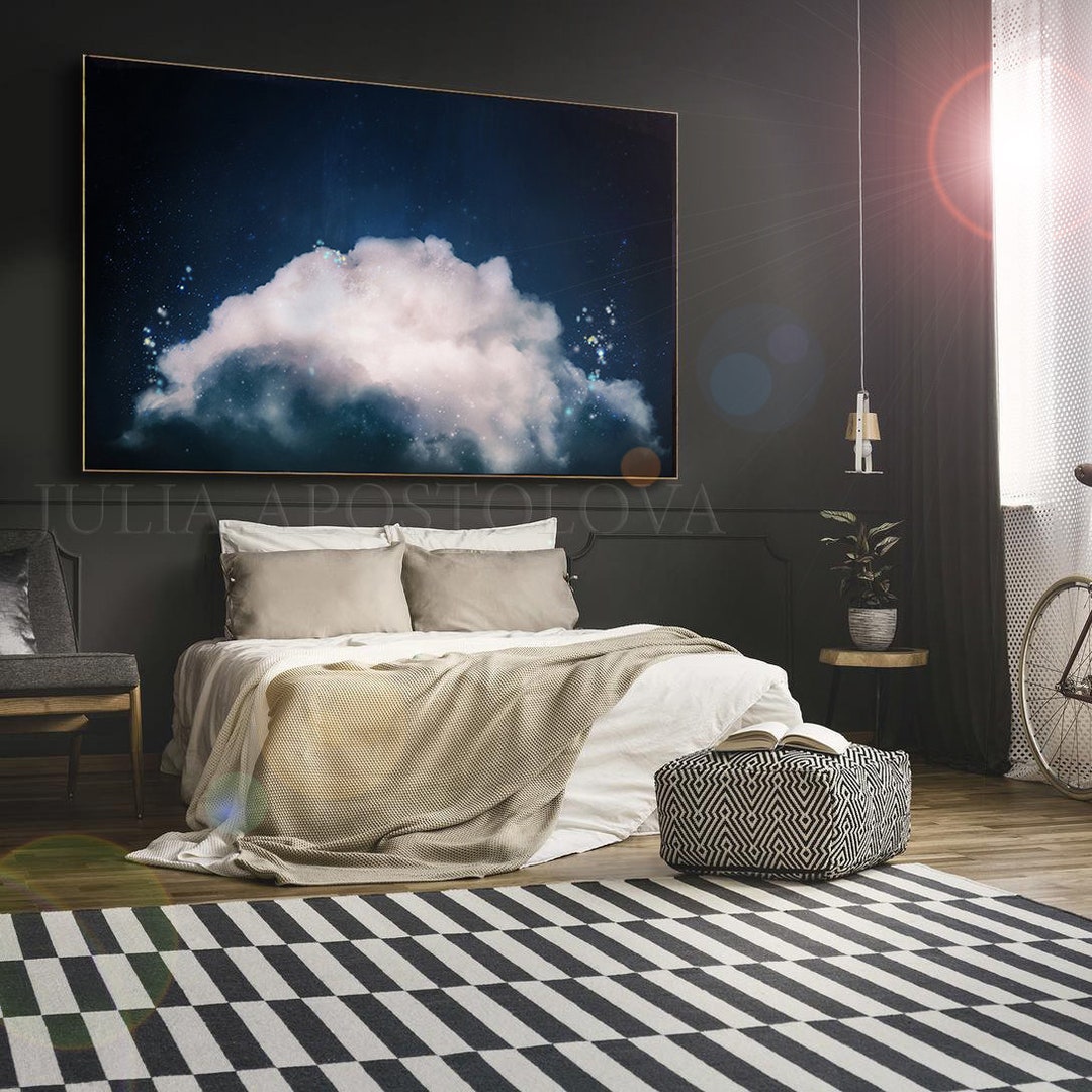 Classic Blue Wall Art Cloud Painting Large Navy Blue Art Print Dark ...