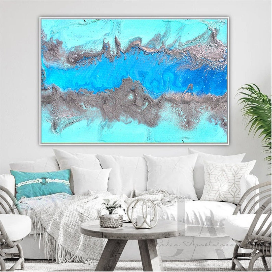 Turquoise Abstract Blue Painting, Large Canvas Print, Blue Silver Wall ...