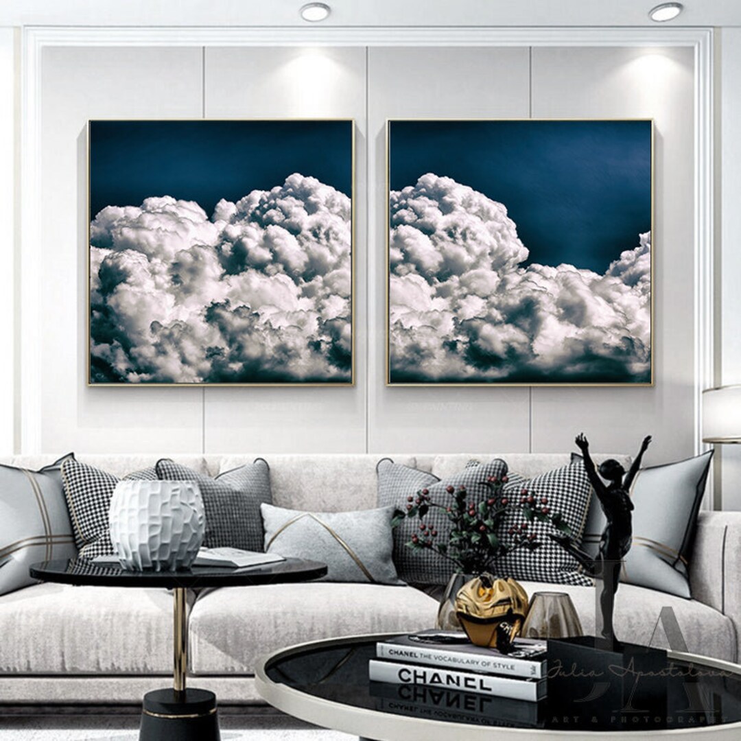 Navy Blue Wall Art, Cloud Painting, Abstract Canvas Print Set Dramatic ...