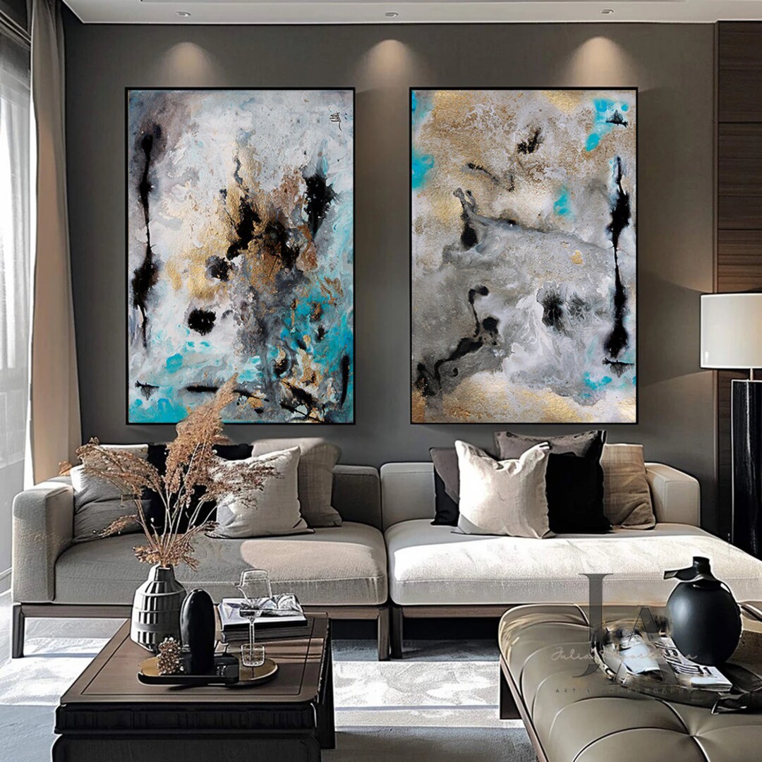 Extra Large Gold Leaf Wall Art Set With Gray Gold Black Teal Vertical Luxurious Modern Abstract ...