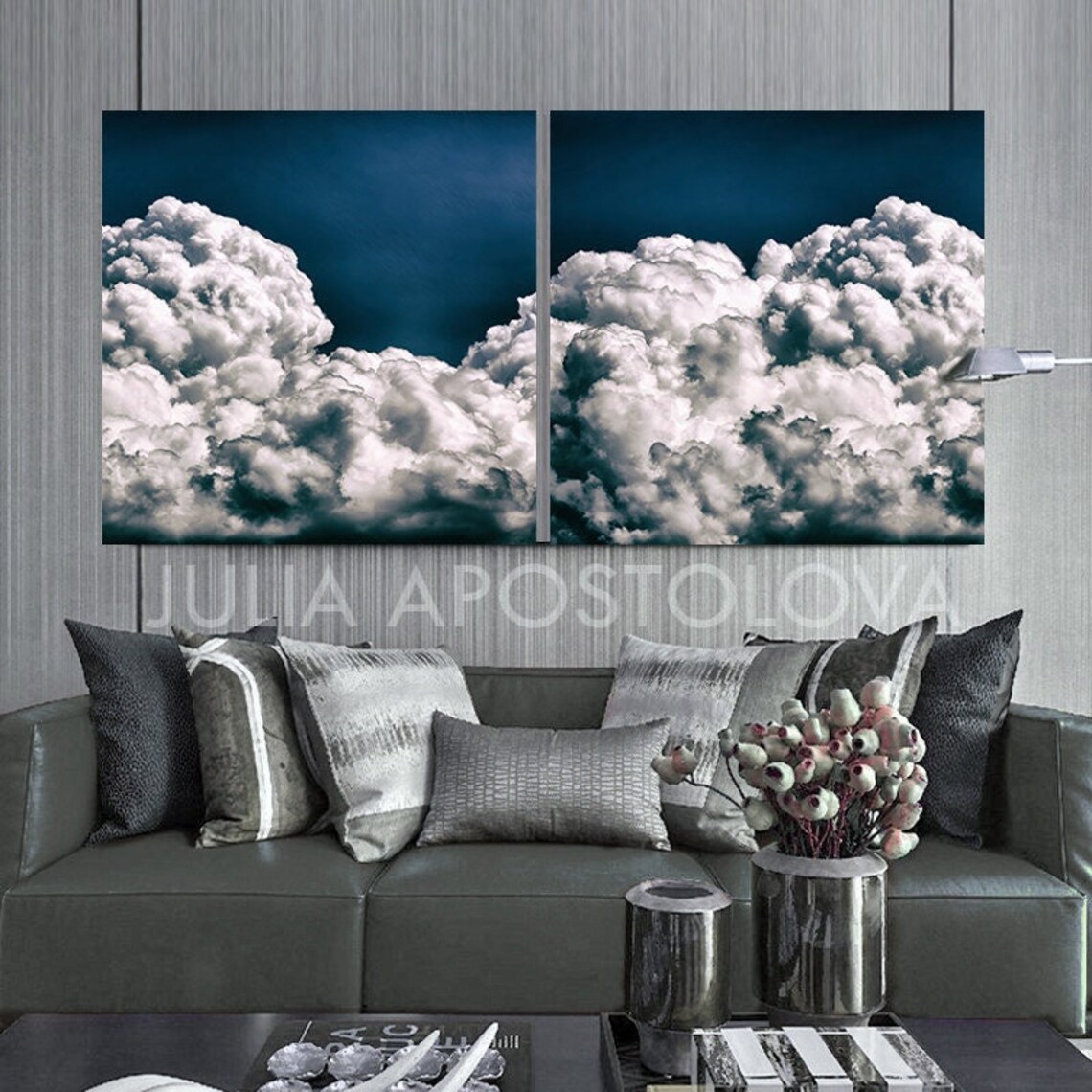 Navy Blue Wall Art, Cloud Painting, Abstract Canvas Print Set Dramatic ...