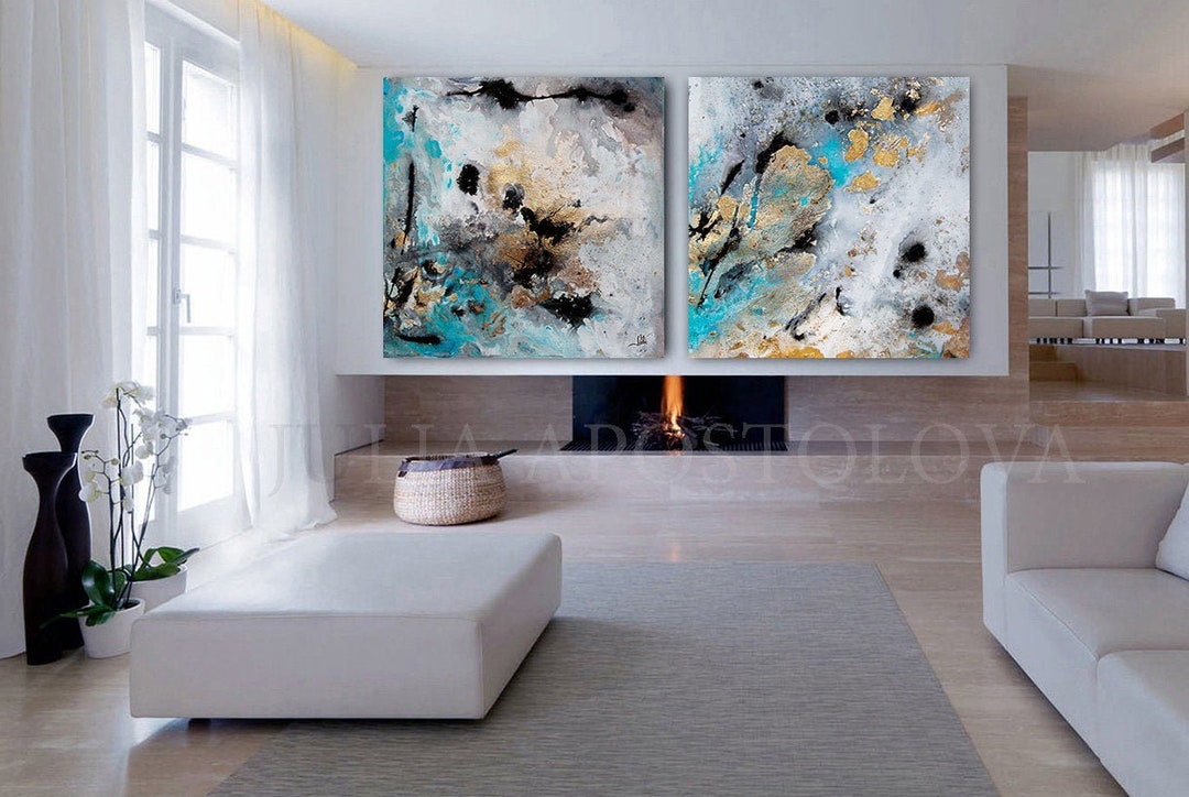 90x45inch, Set of Two Paintings, Abstract Watercolor Print, Gold Leaf ...