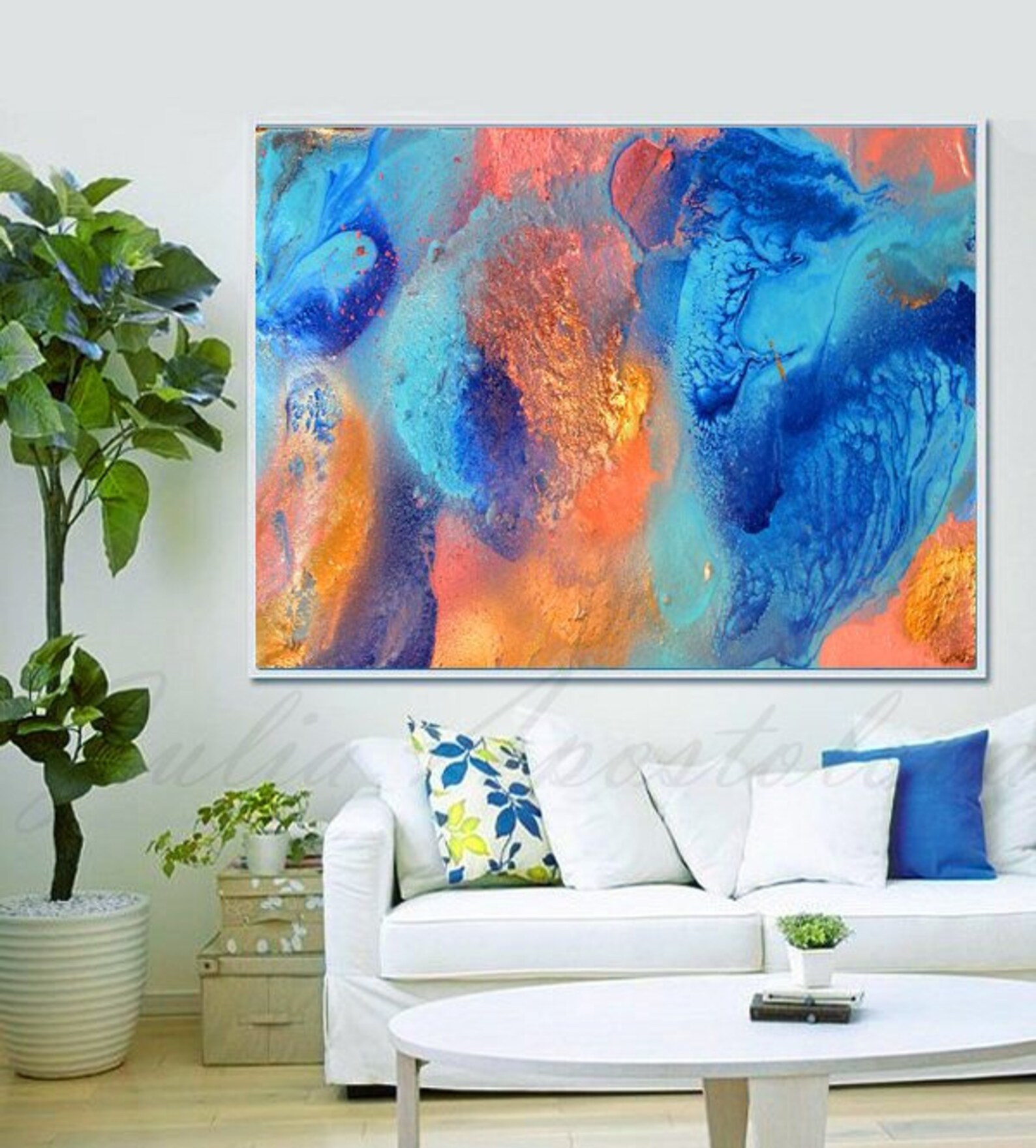 Turquoise and Orange Teal Decor Abstract Painting Turquoise - Etsy