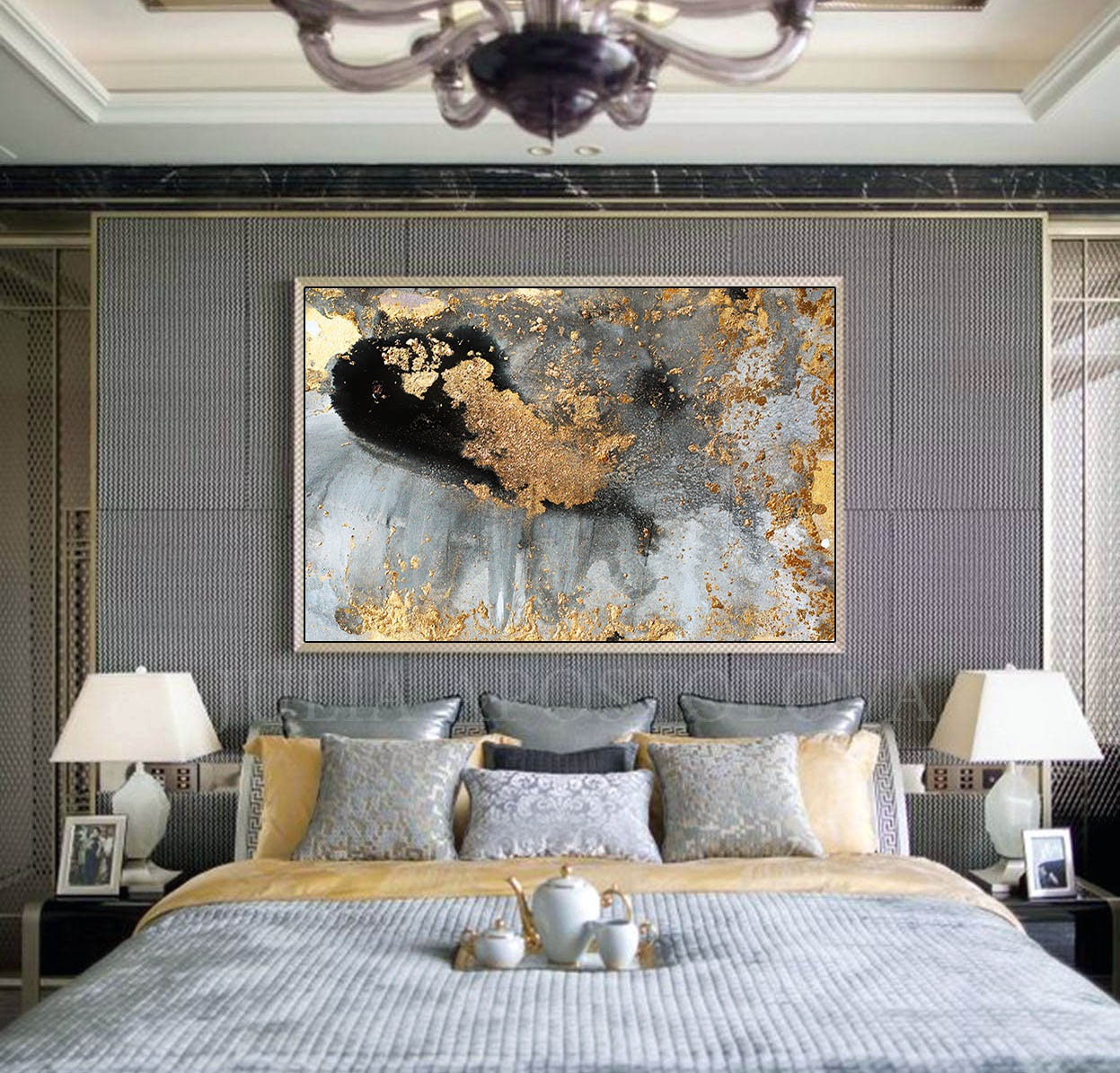 Grey Gold Black Gold Leaf Large Luxury Wall Art Canvas Print of Original Watercolor Abstract Painting autumn Dreams by Julia Apostolova Etsy