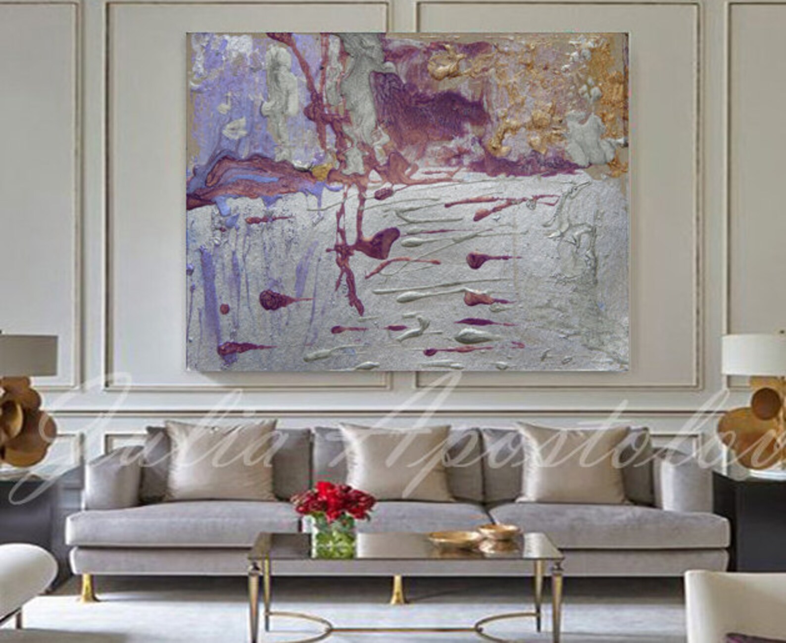 54inch, Huge Wall Art, Large Abstract Print, Silver Painting, Purple ...