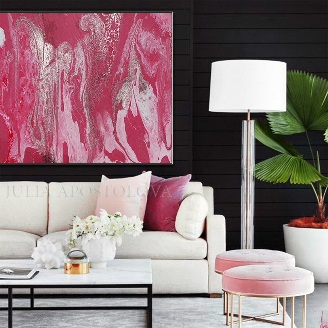 Large Abstract Painting Pink Silver Wall Art Oversized Viva Magenta ...