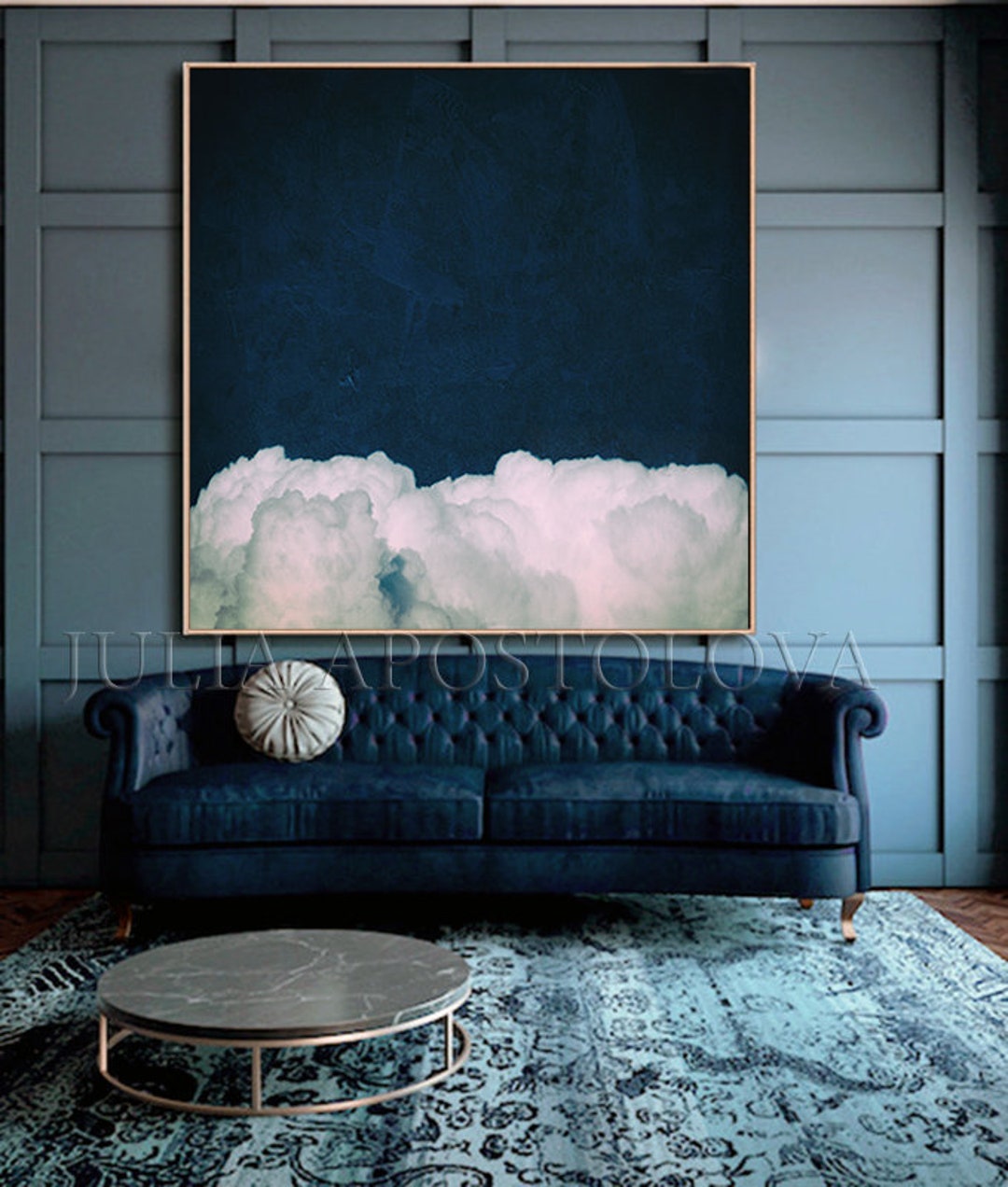 Abstract Cloud Art, Dark Blue Painting Cloud Print, Navy Blue Wall Art ...