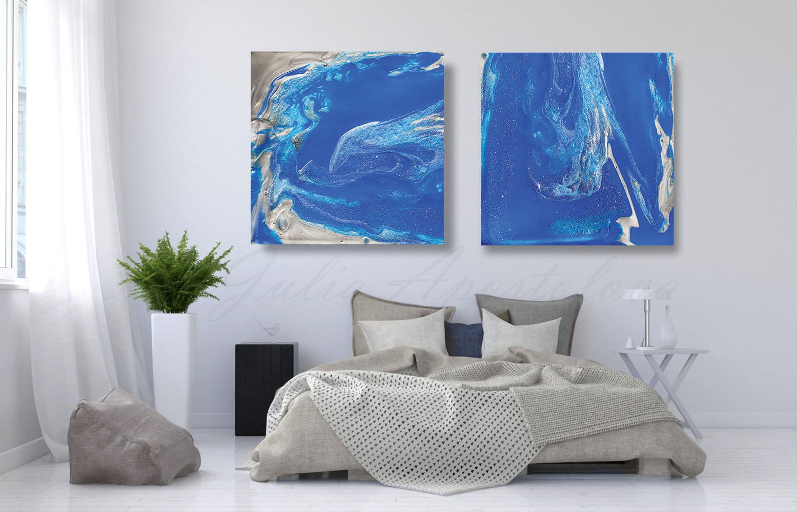 90'' Blue Silver Wall Art Set of 2 Prints | Etsy