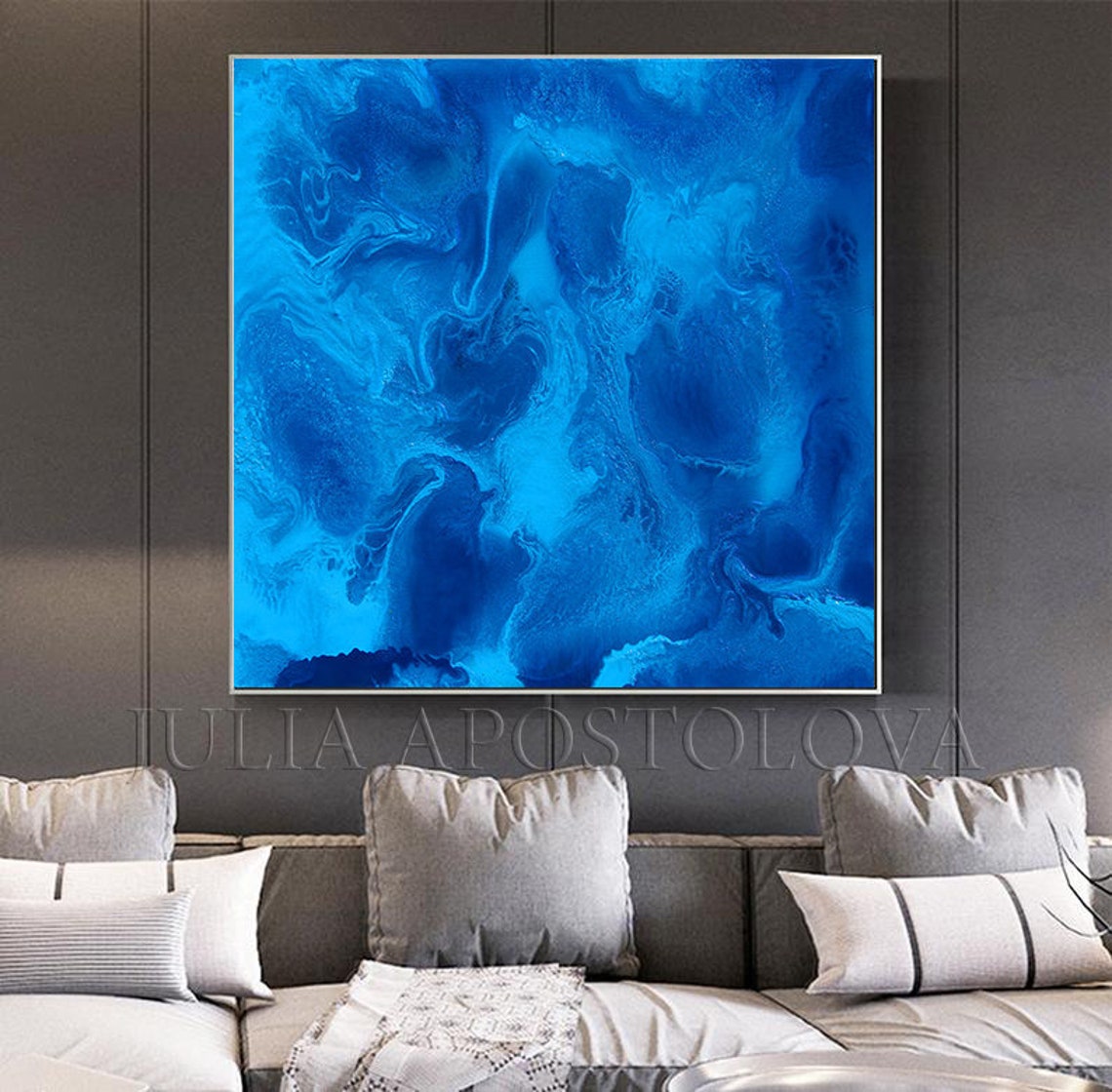 Blue Marble Painting Blue Abstract Art Blue Wall Decor Navy | Etsy