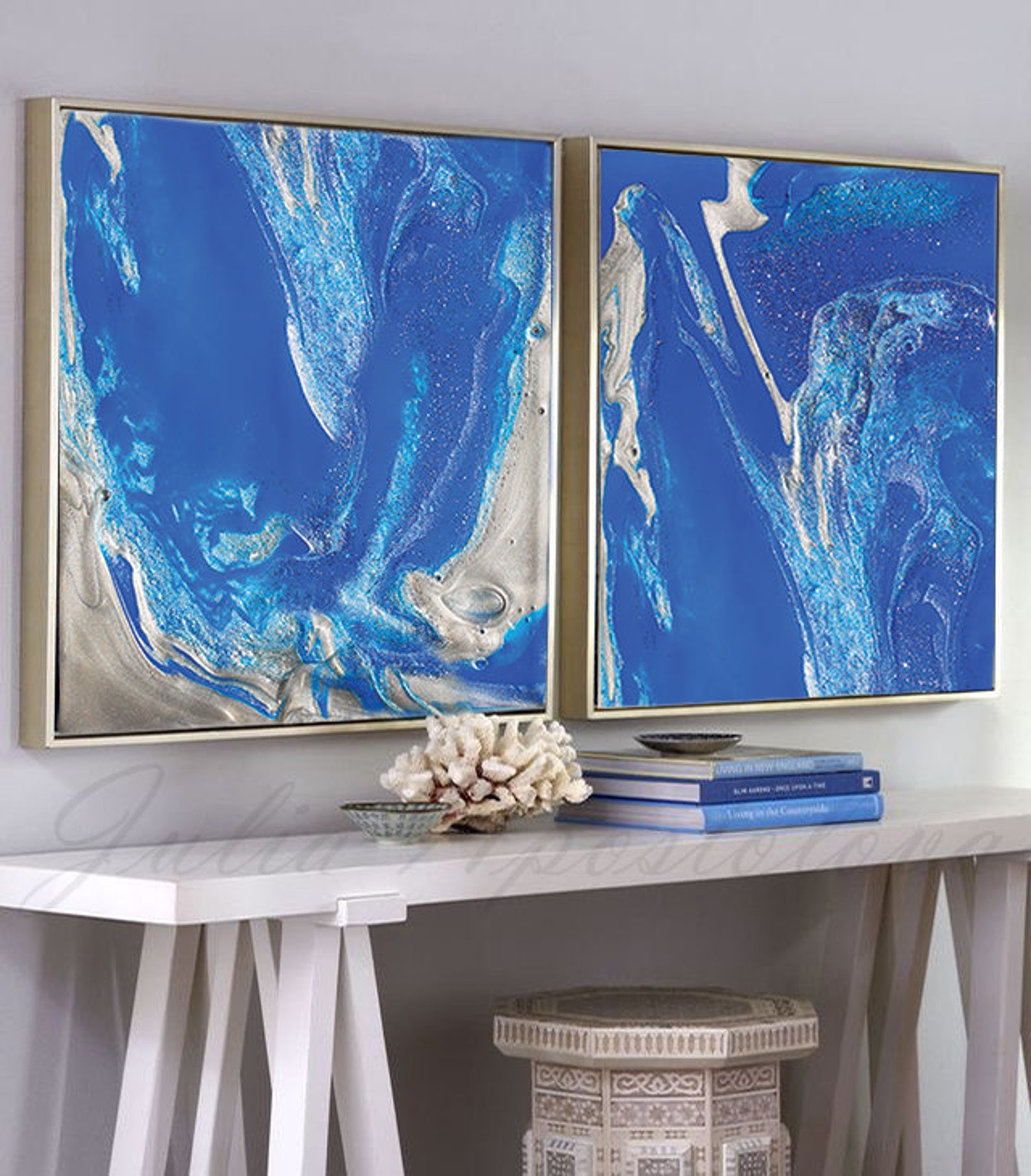 90'' Blue Silver Wall Art Set of 2 Prints | Etsy