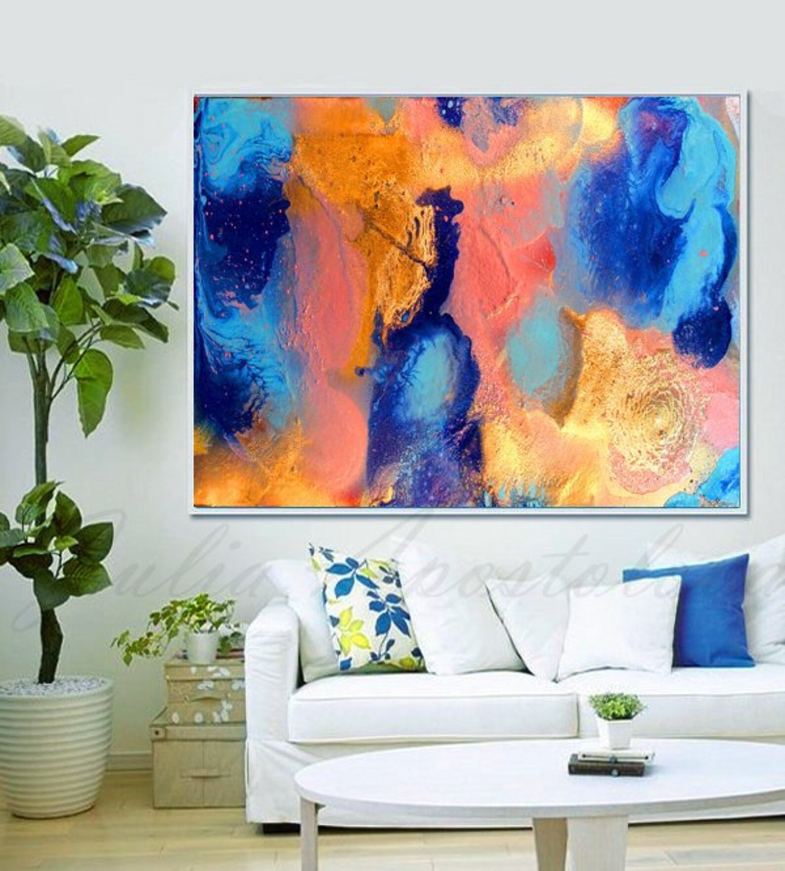 Large Blue Art Abstract Painting Ocean Wall Art Gold - Etsy