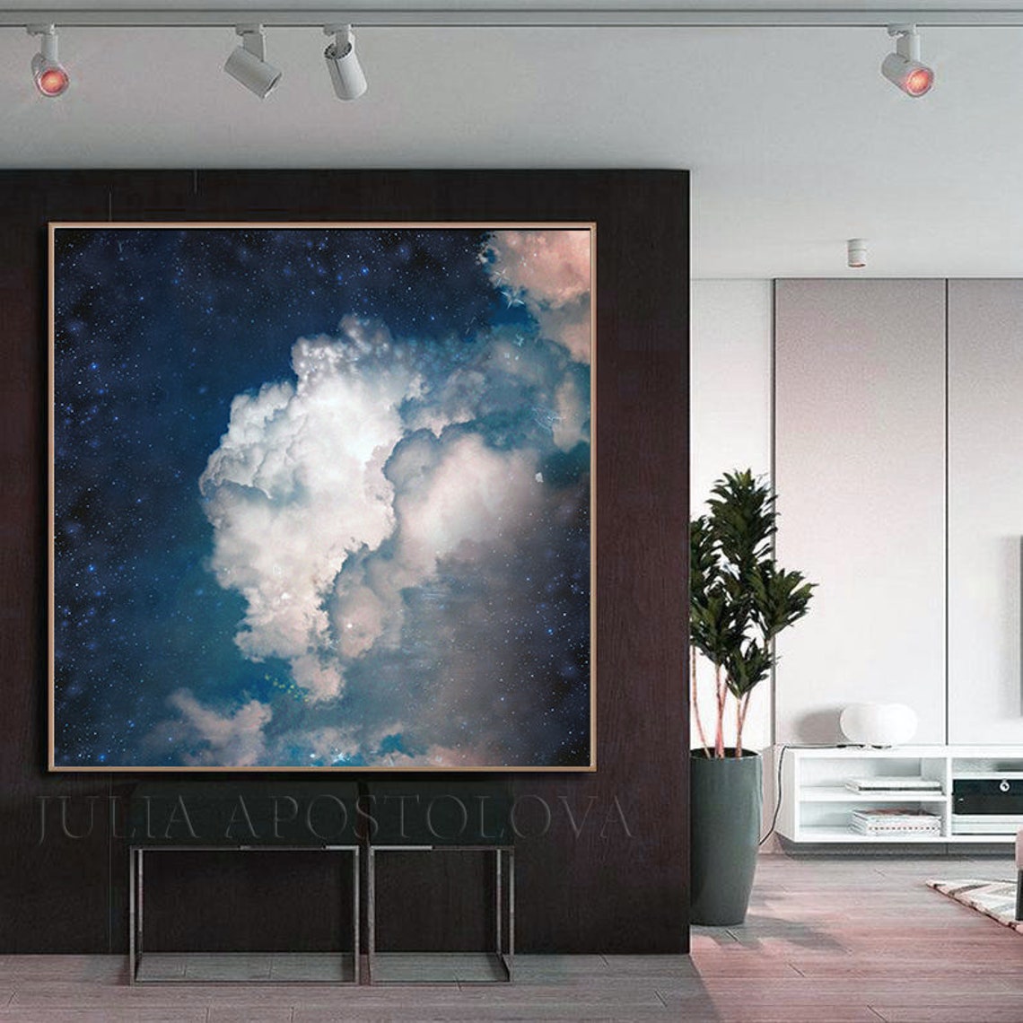 Navy Blue Cloud Painting, Galaxy Watercolor, Dark Blue Wall Art Canvas ...