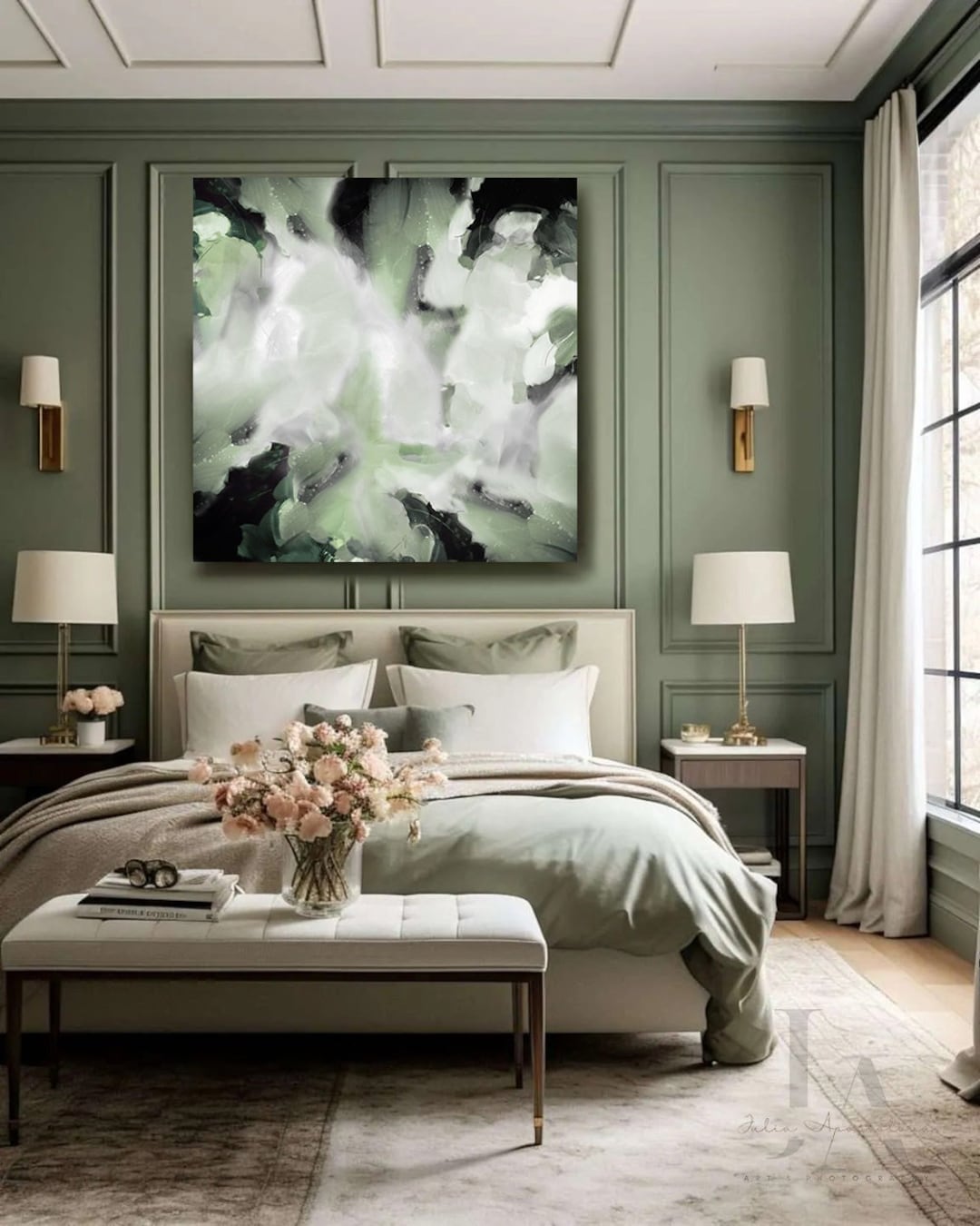 Sage Green Wall Art Framed Abstract Painting Extra Large Print on ...
