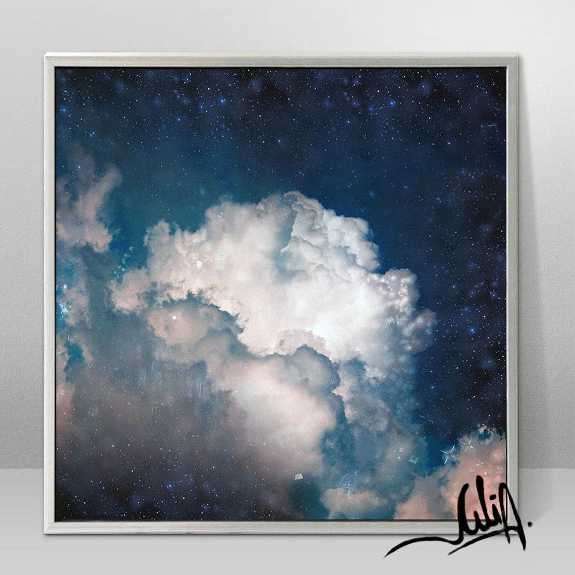 Navy Blue Cloud Painting, Galaxy Watercolor, Dark Blue Wall Art Canvas ...