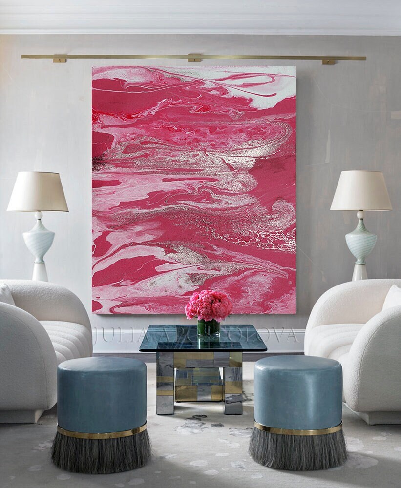 Large Abstract Painting Pink Silver Wall Art Oversized Viva Magenta ...