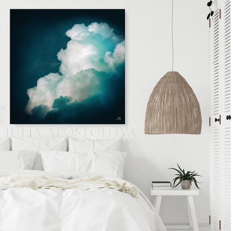 55'' Extra Large Abstract Oil Painting Prints Dark Teal Canvas Cloud ...