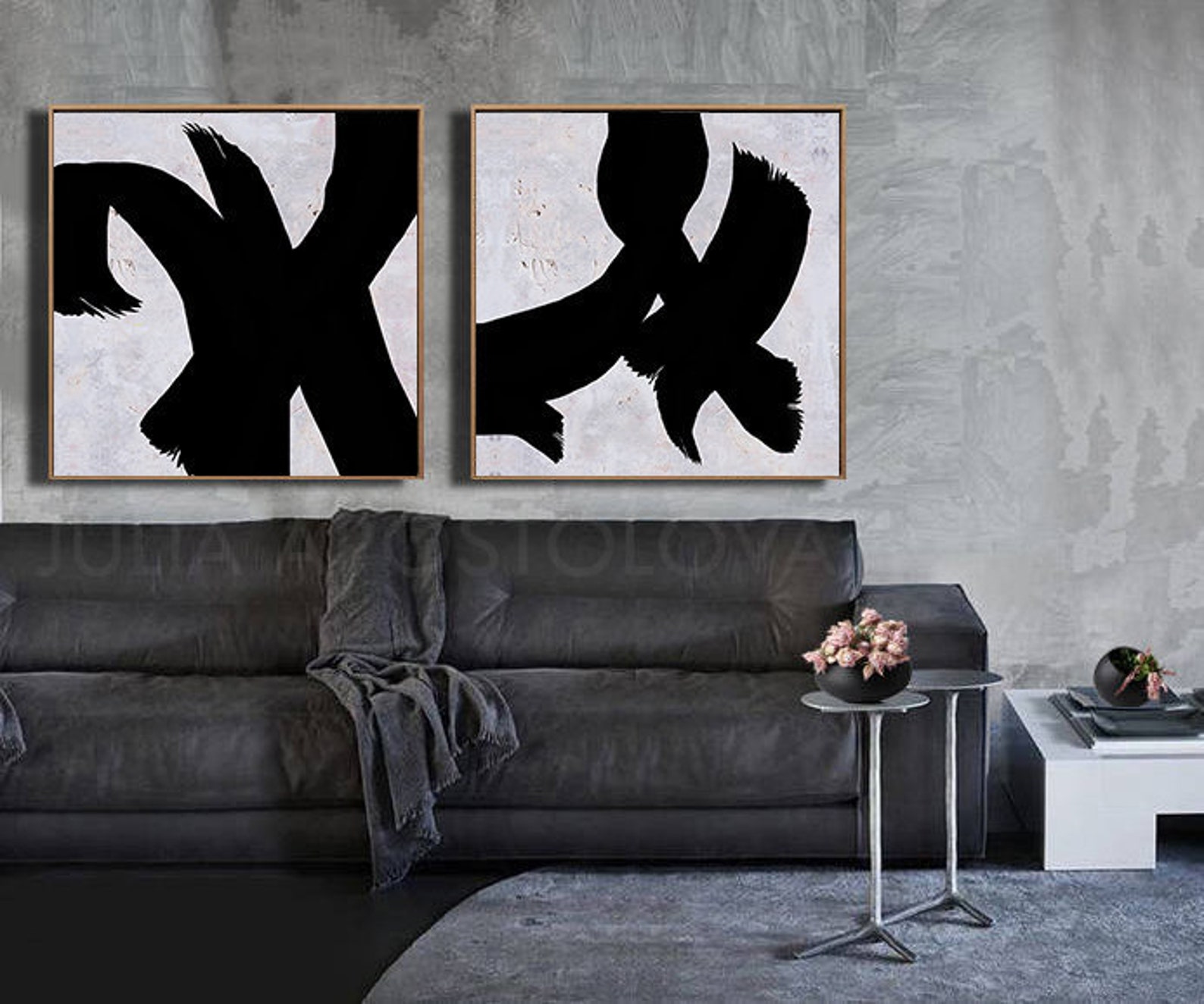 Extra Large Wall Art Black White Painting Set of 2 | Etsy