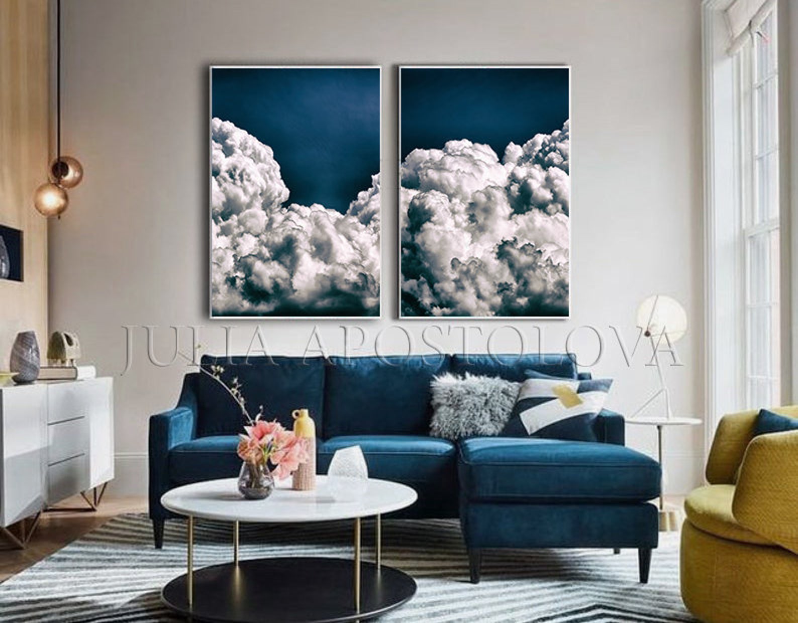 Navy Blue Wall Art, Cloud Painting, Abstract Canvas Print Set Dramatic ...