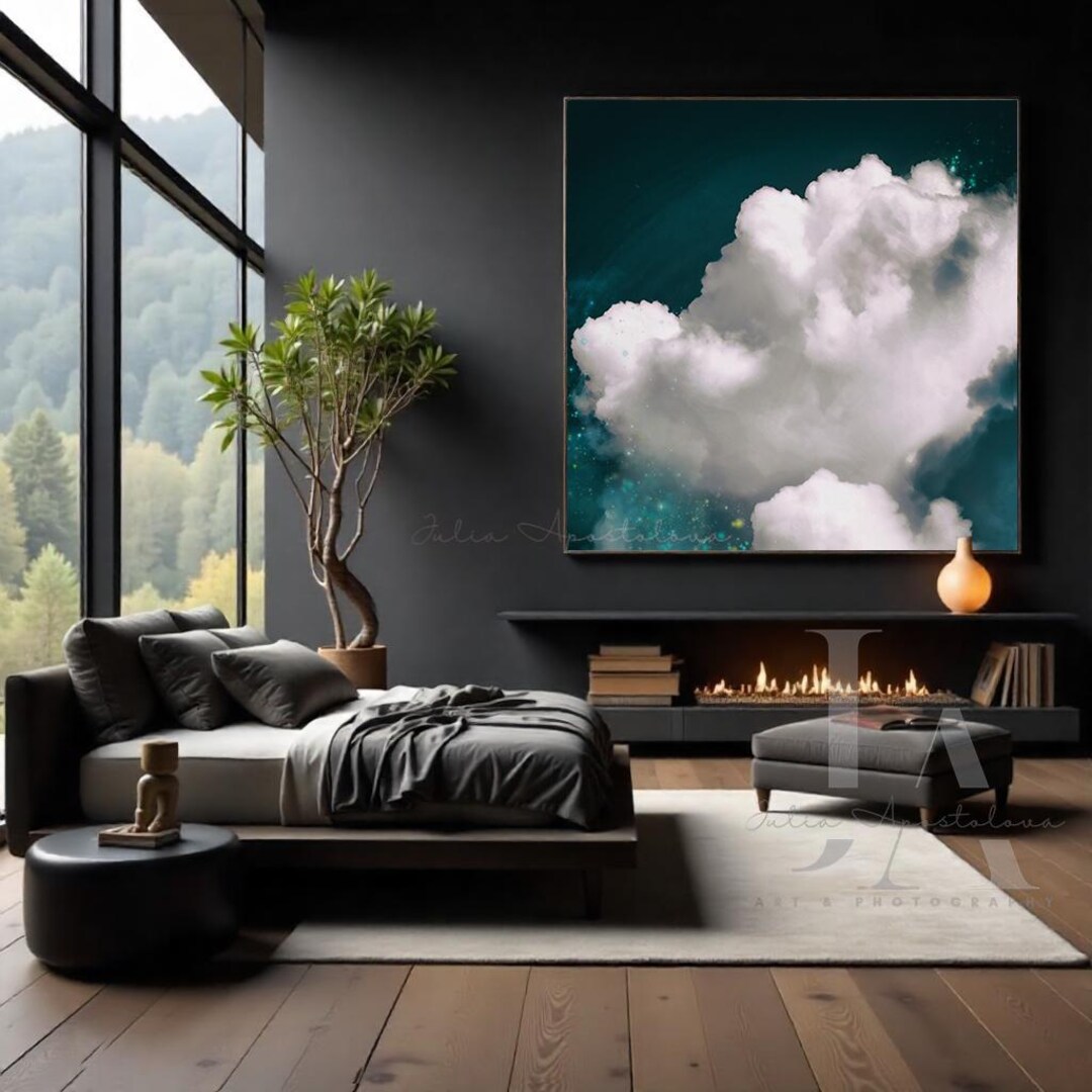 Cloud Wall Art, Framed Cloud Painting, Dark Teal Print, Clouds and ...
