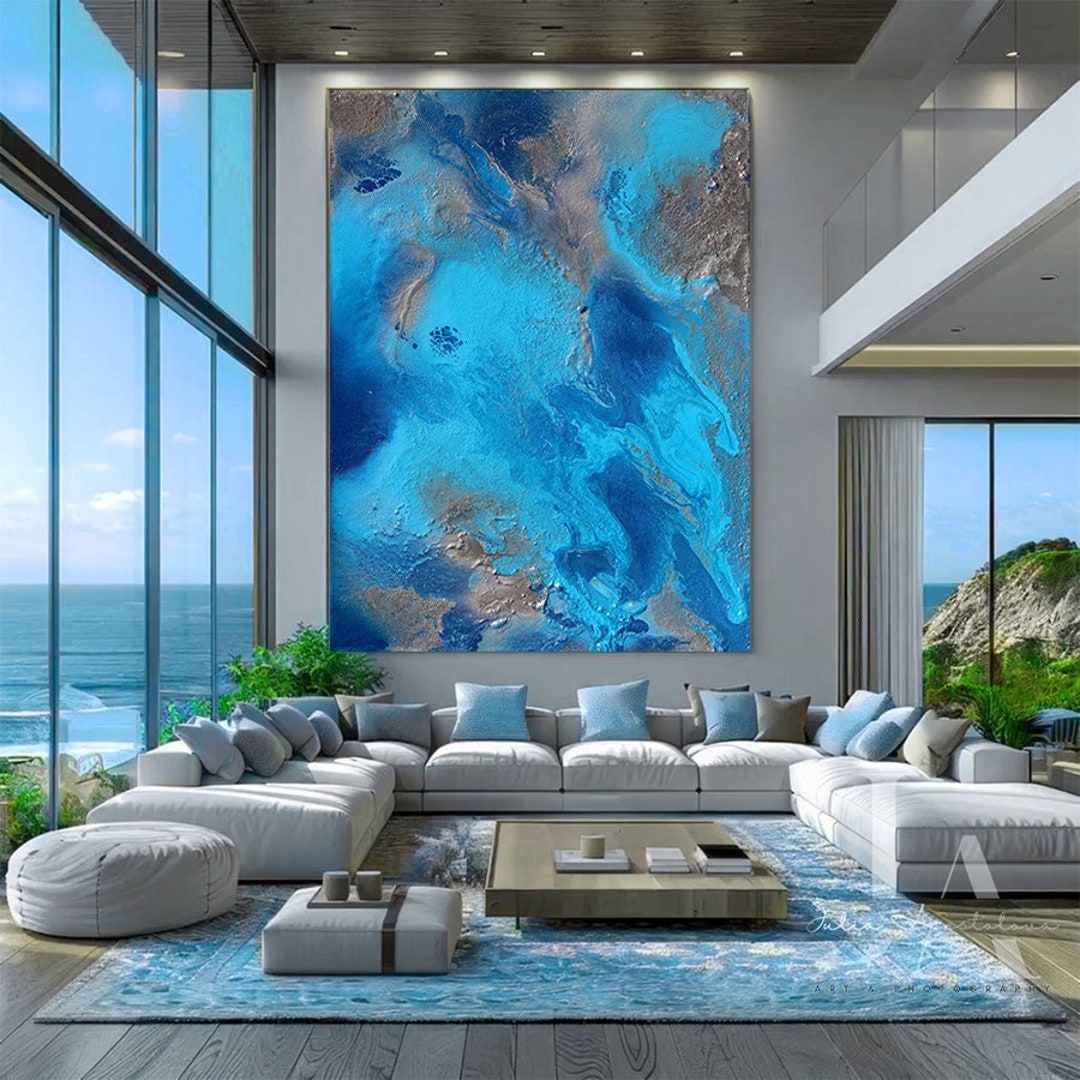 Blue Abstract Art, Ocean Painting, Turquoise Modern Art, Blue Silver ...
