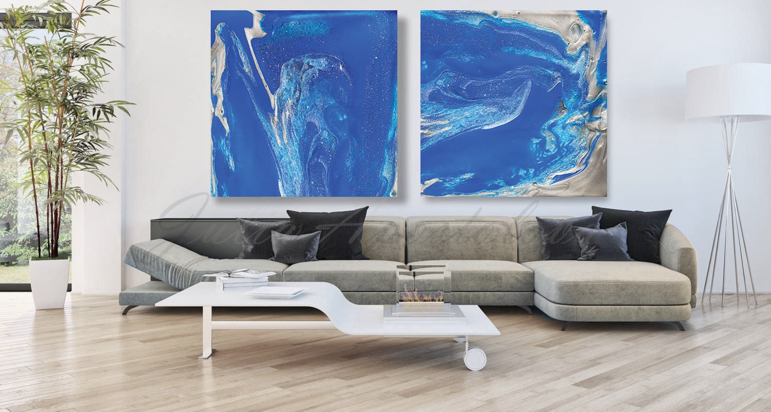 90'' Blue Silver Wall Art Set of 2 Prints | Etsy