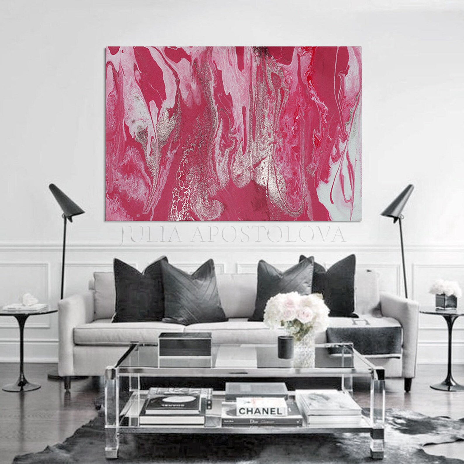 Large Abstract Painting Pink Silver Wall Art Oversized Viva Magenta ...