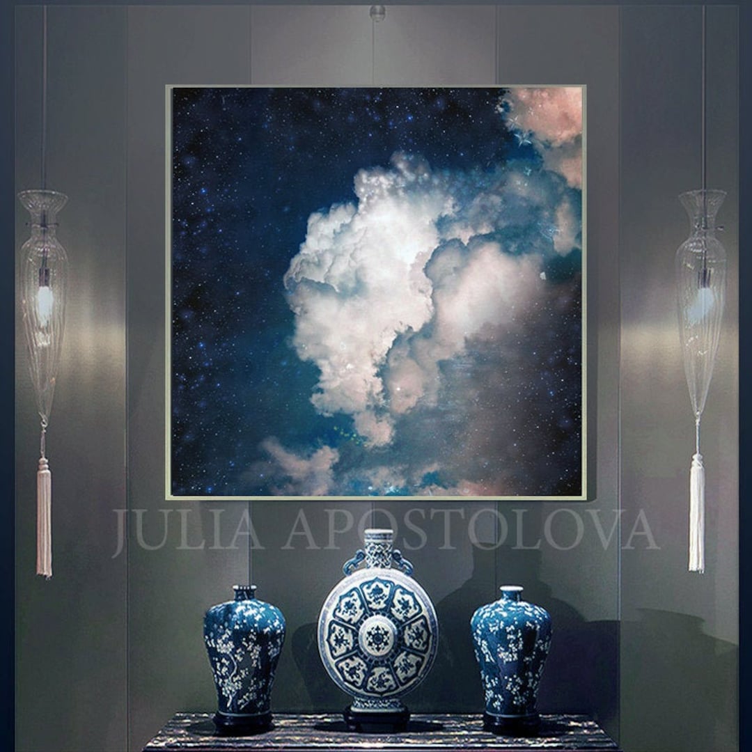 Navy Blue Cloud Painting, Galaxy Watercolor, Dark Blue Wall Art Canvas ...