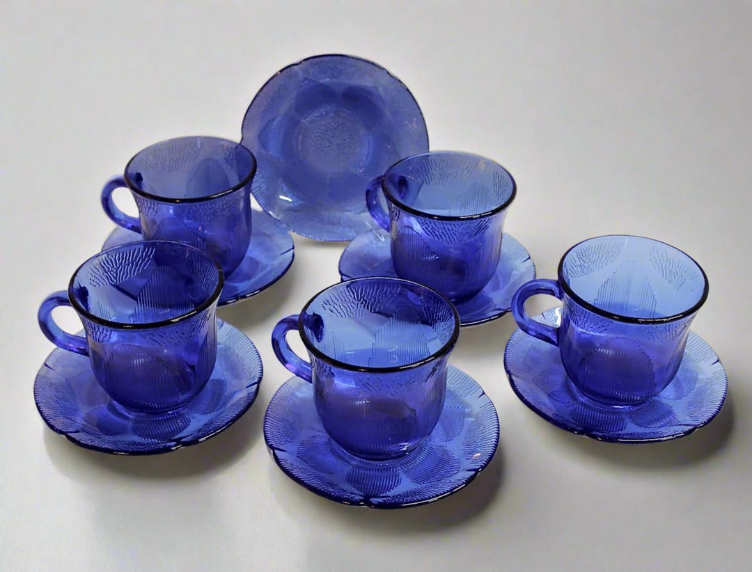 Blue Sunflower Cups With Saucers by Forte Crisa Cups | 11 Pieces - Etsy