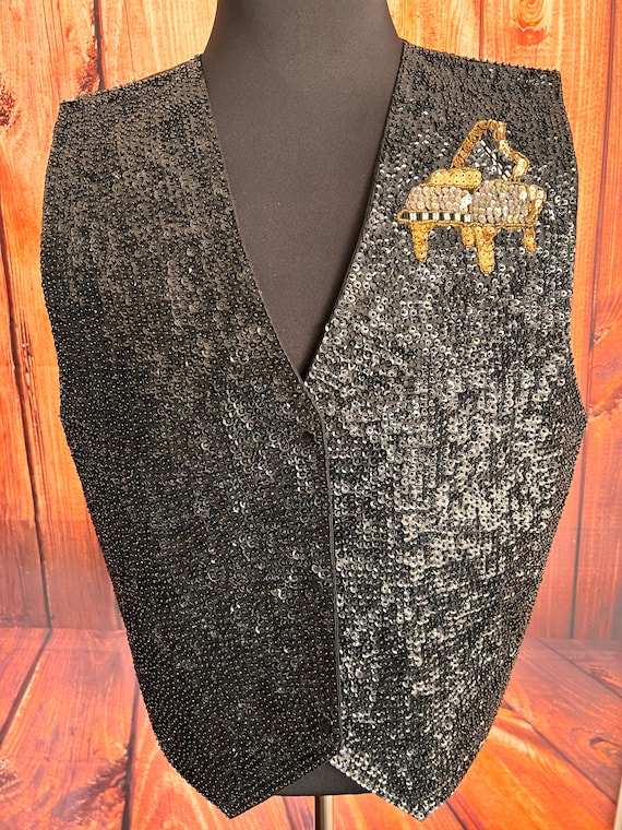 Black Sequin Stage Vest with Sequin Piano - Gem