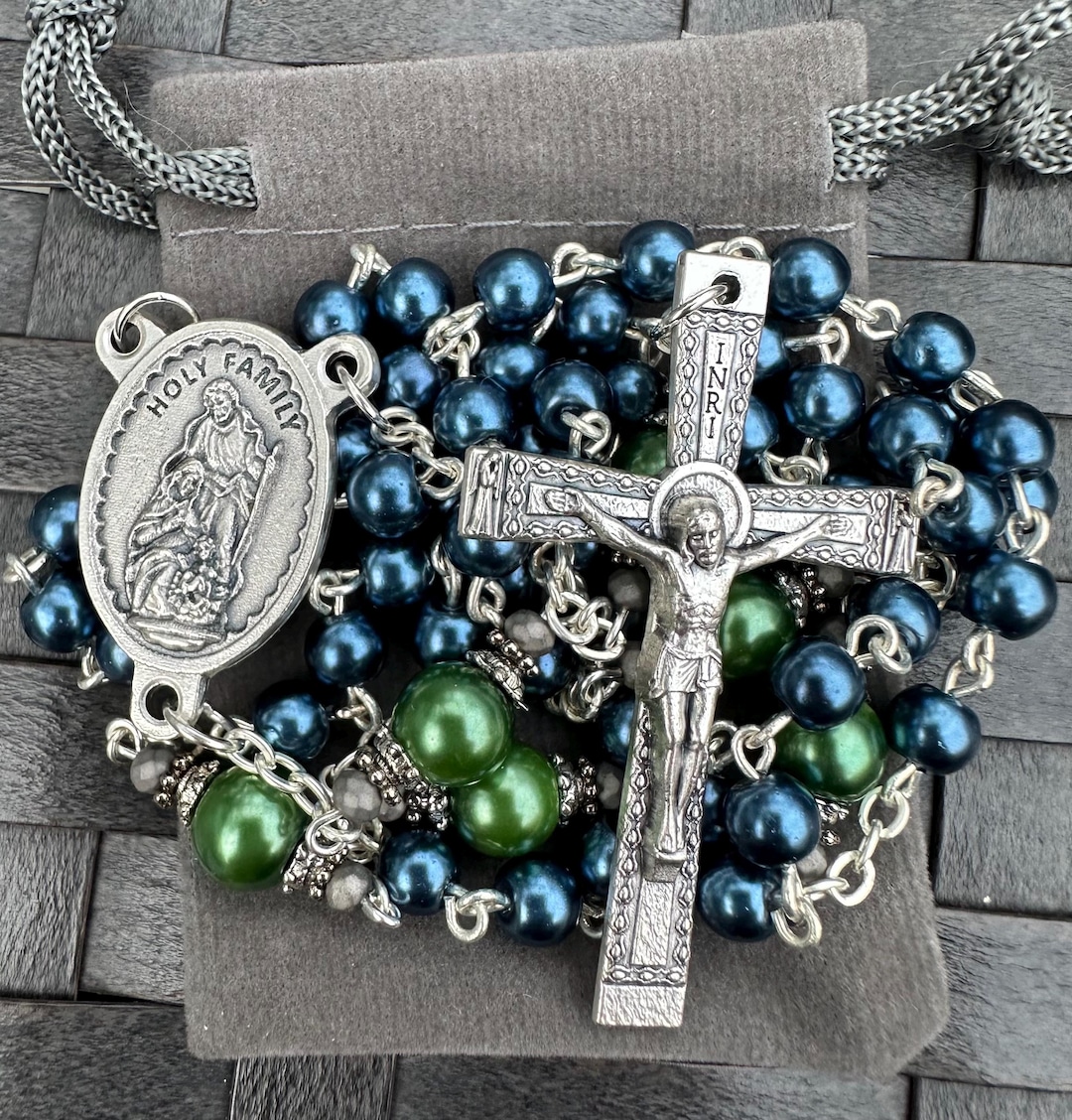 Catholic Rosary, Navy Blue and Green Glass Pearl Beads, Holy Family ...