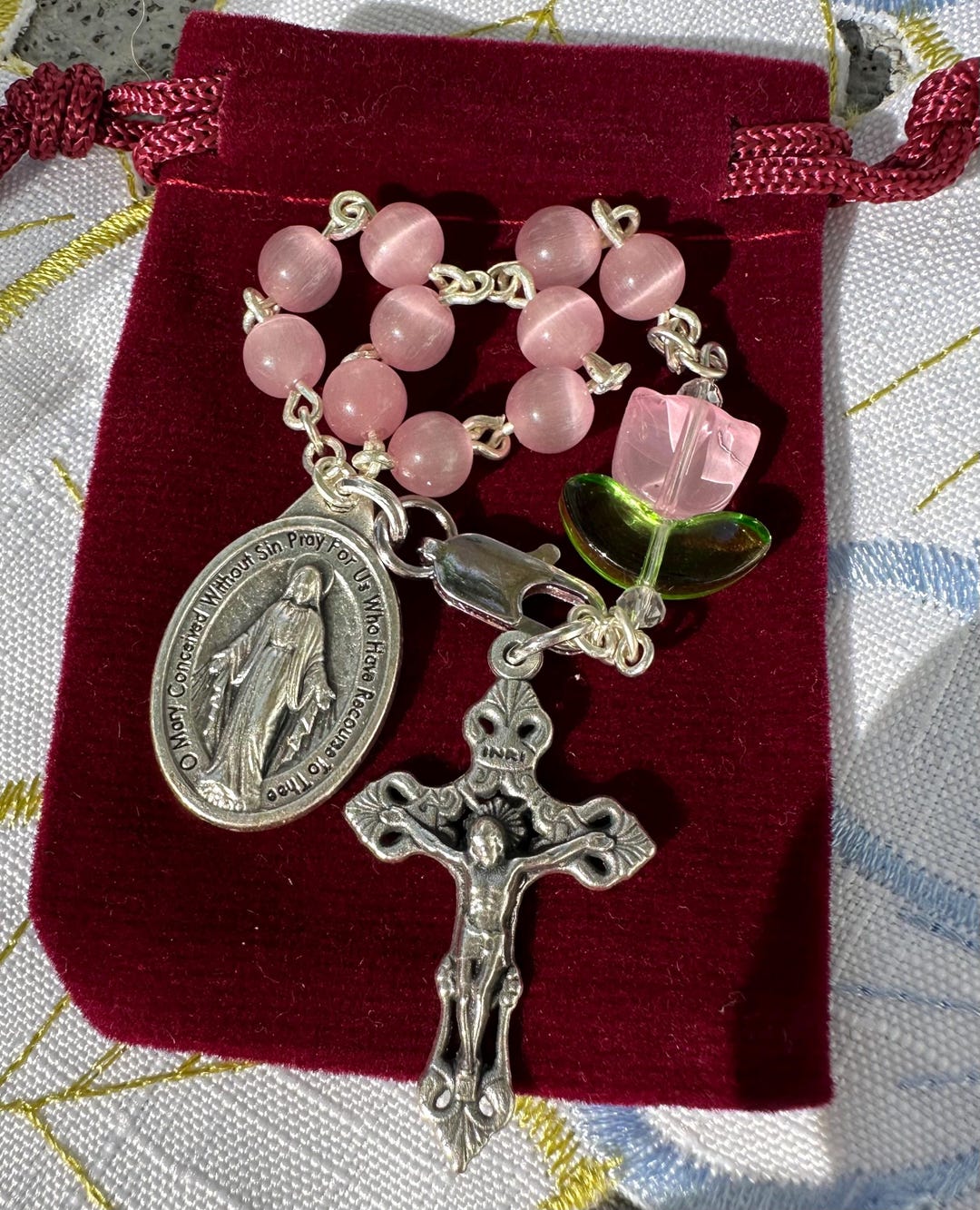 Catholic One Decade Walking Pink Tulip Bead Rosary, Fleur De Lis ...