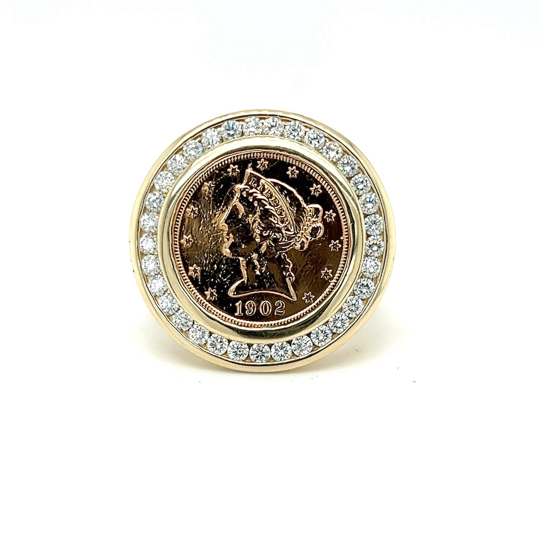 Custom Made Man’s Diamond Coin Ring Set in a Solid 14ky Gold Setting ...