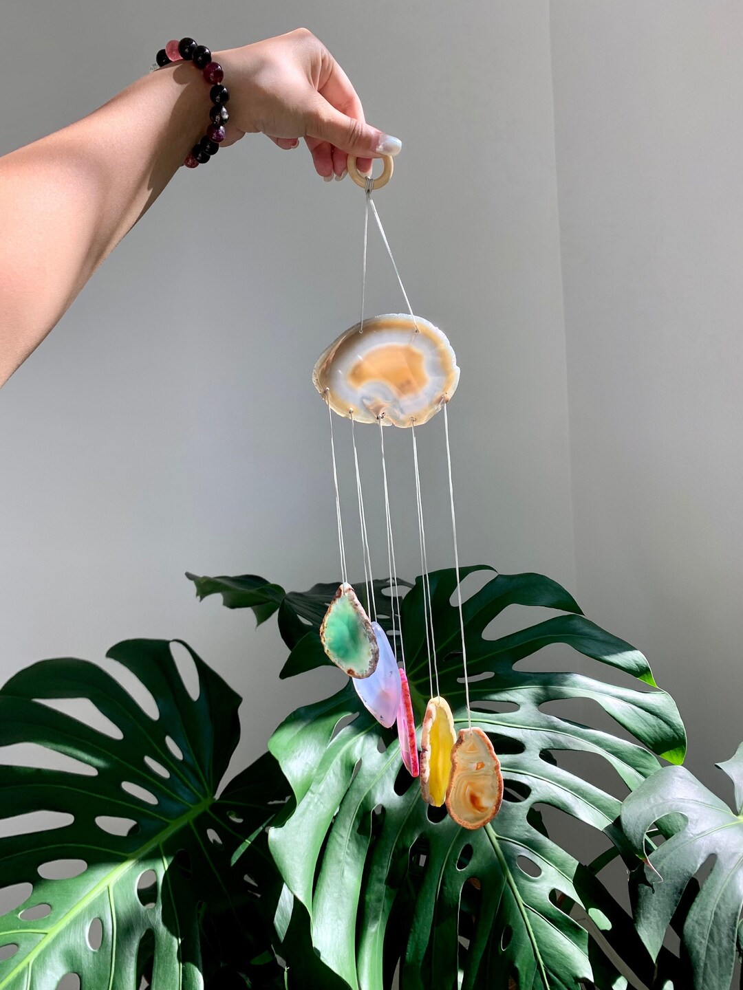 Agate Slices Wind Chimes Reiki Healing Stone Wall Hanging Wind Chime With Hook for Indoor ...