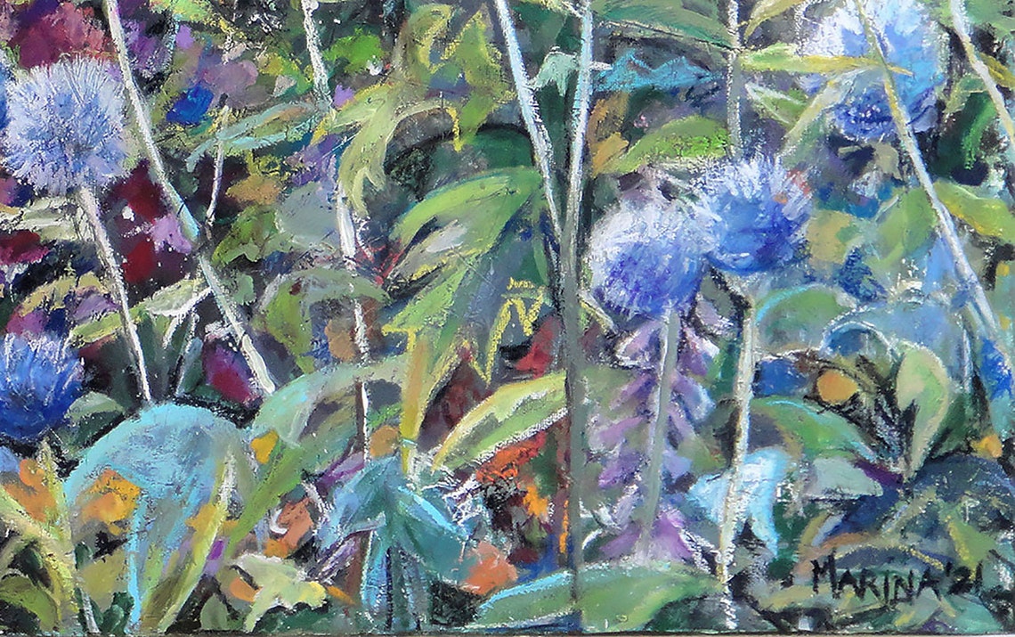 Painting "spring Blue Thistles" Mixed Media on Canvas 80 X 60 Cm ...