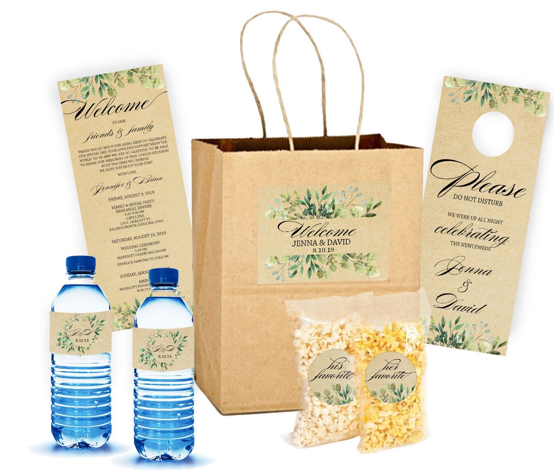 Wedding Hotel Guest Welcome Bag Set Kraft Greenery Boho Rustic Elegant ...