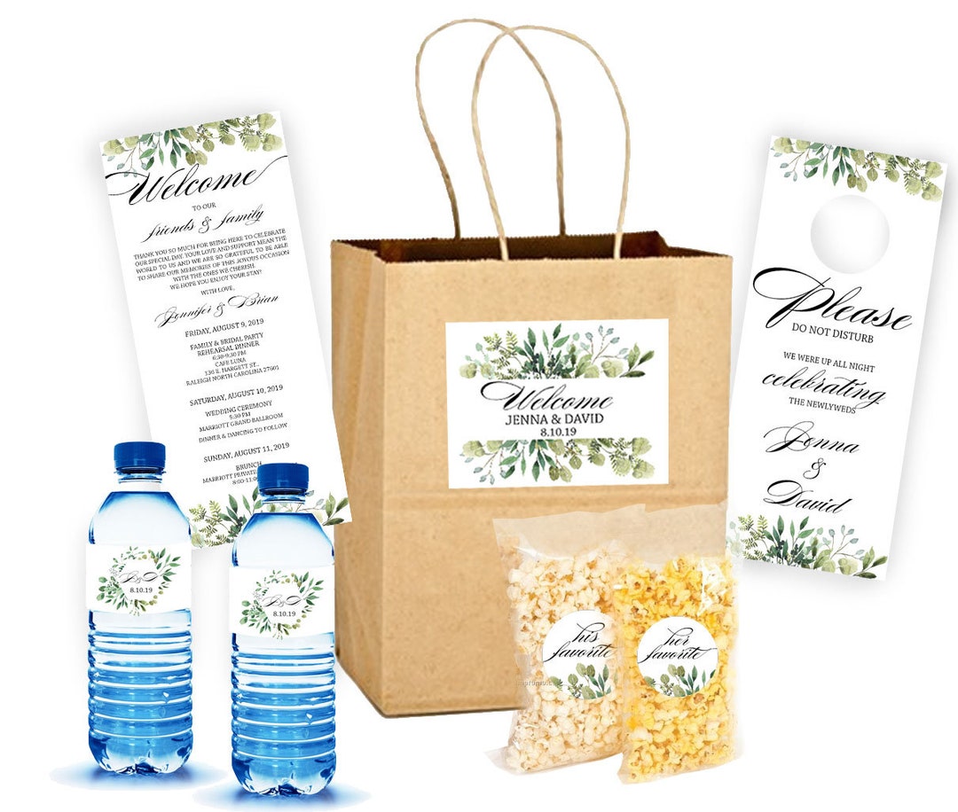 Wedding Hotel Guest Welcome Bag Set Kraft Greenery Boho Rustic Elegant ...