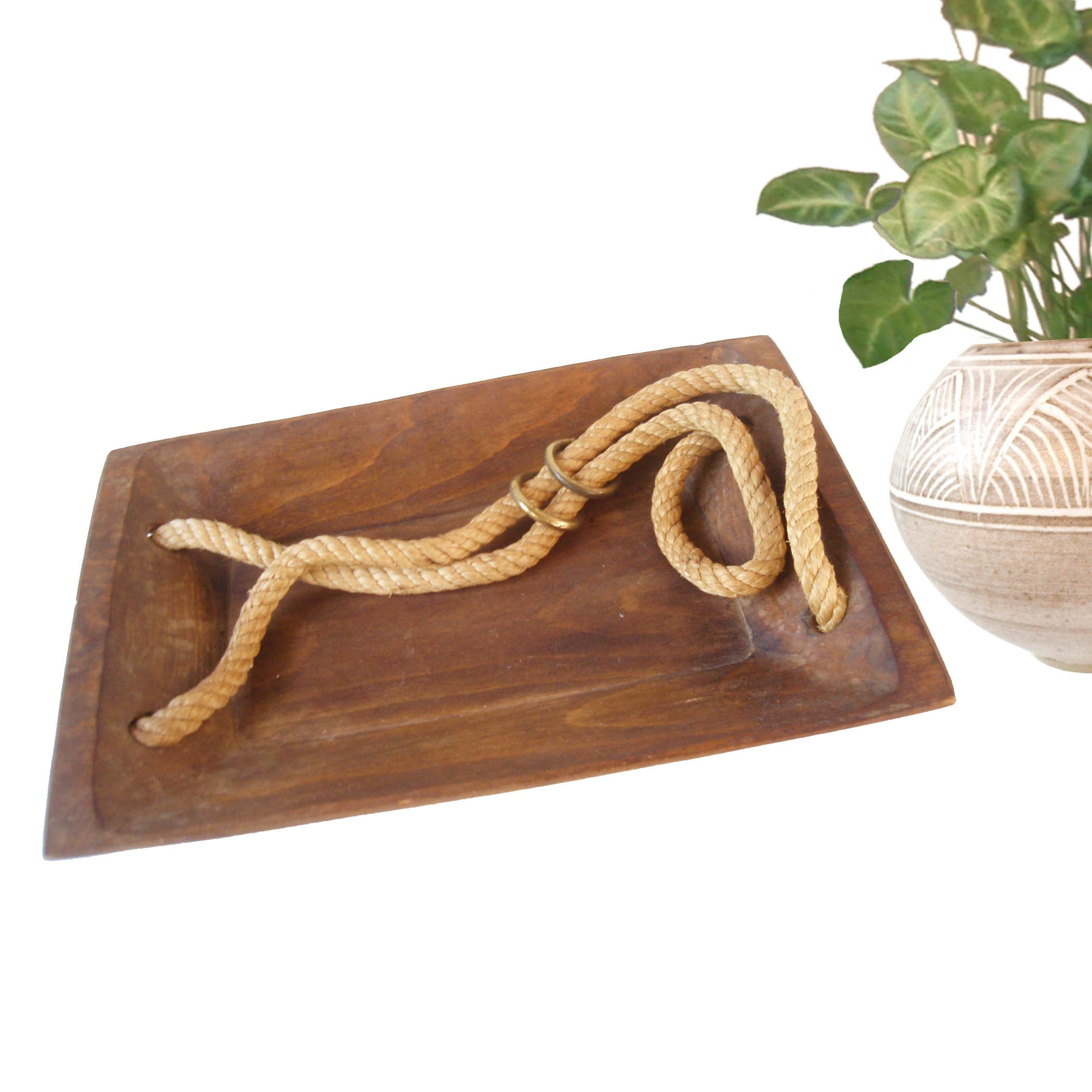 Unique Hand Carved Wood Tray w/ Rope Handles/ Bohemian Wooden | Etsy