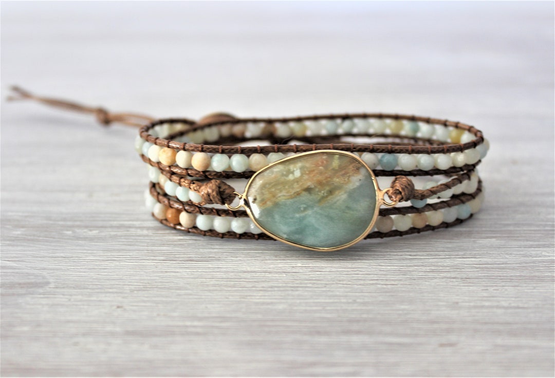 Multi Layer Wrap Amazonite Tan Light Blue Natural Stone Beads Wrap ...