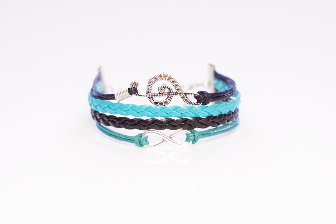 Treble Clef Infinity Teal Black Multilayered Cord Bracelet - Etsy