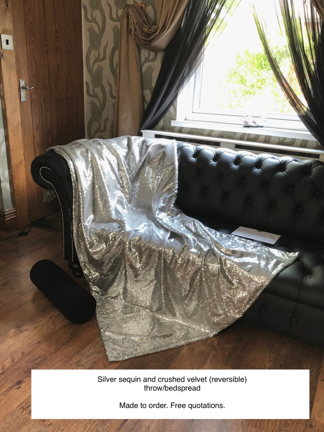 SILVER SEQUIN &crushed VELVET Made to Measure Bedspread, Runner, Throw ...